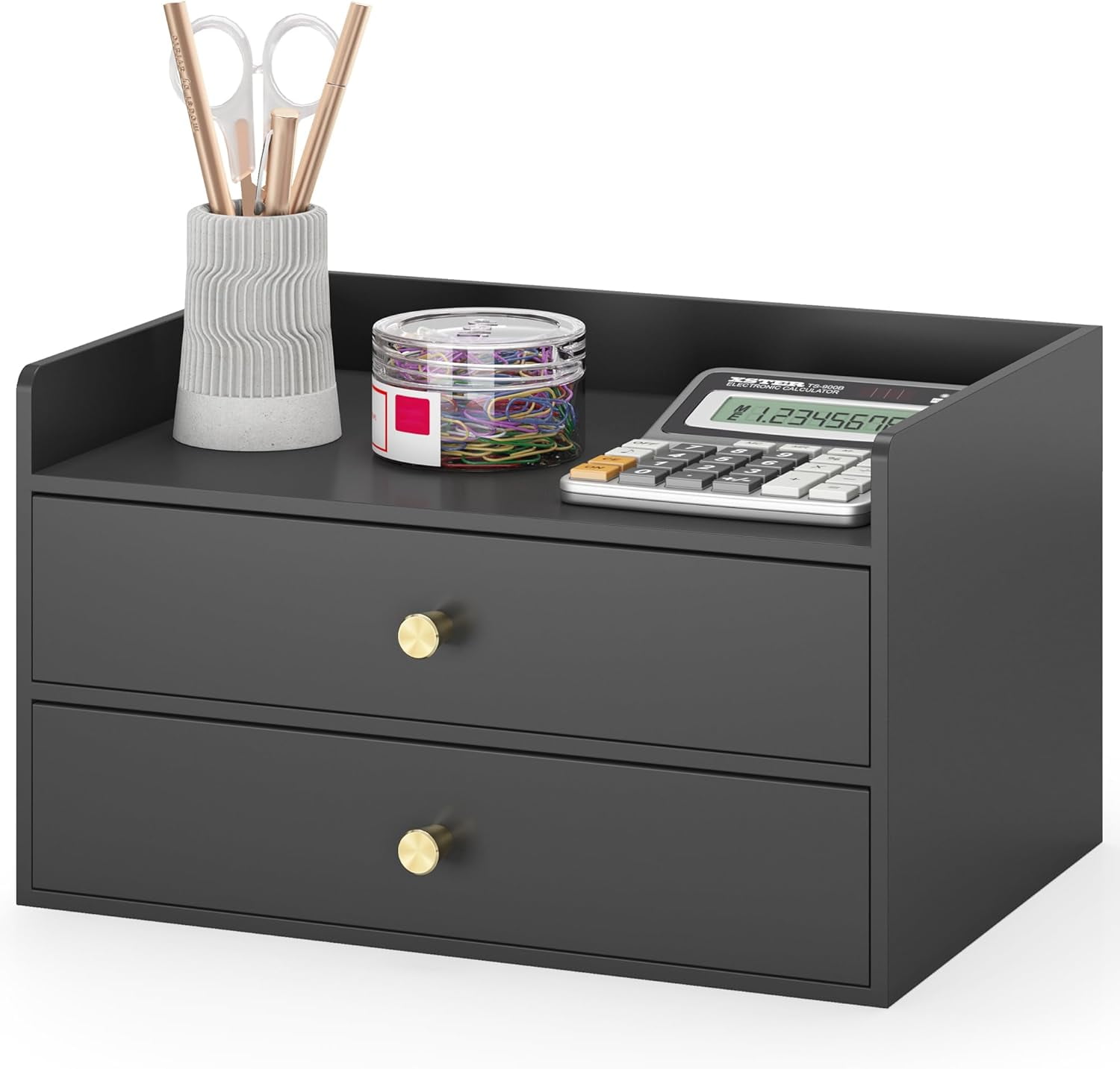Bamboo Desktop Organizer with 2 Drawers, Black Wooden Storage Box for Office Supplies Kitchen ...