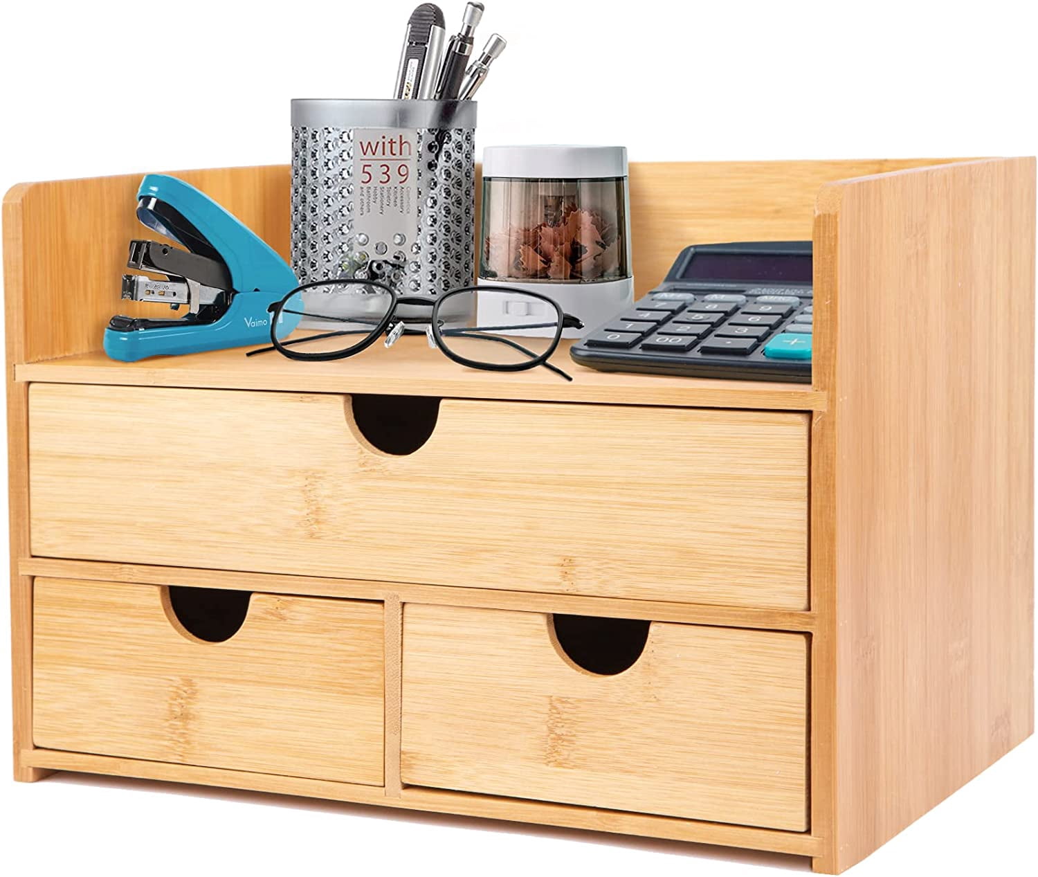 Bamboo Desk Organizer With Drawers - Desktop Storage for Bathroom ...