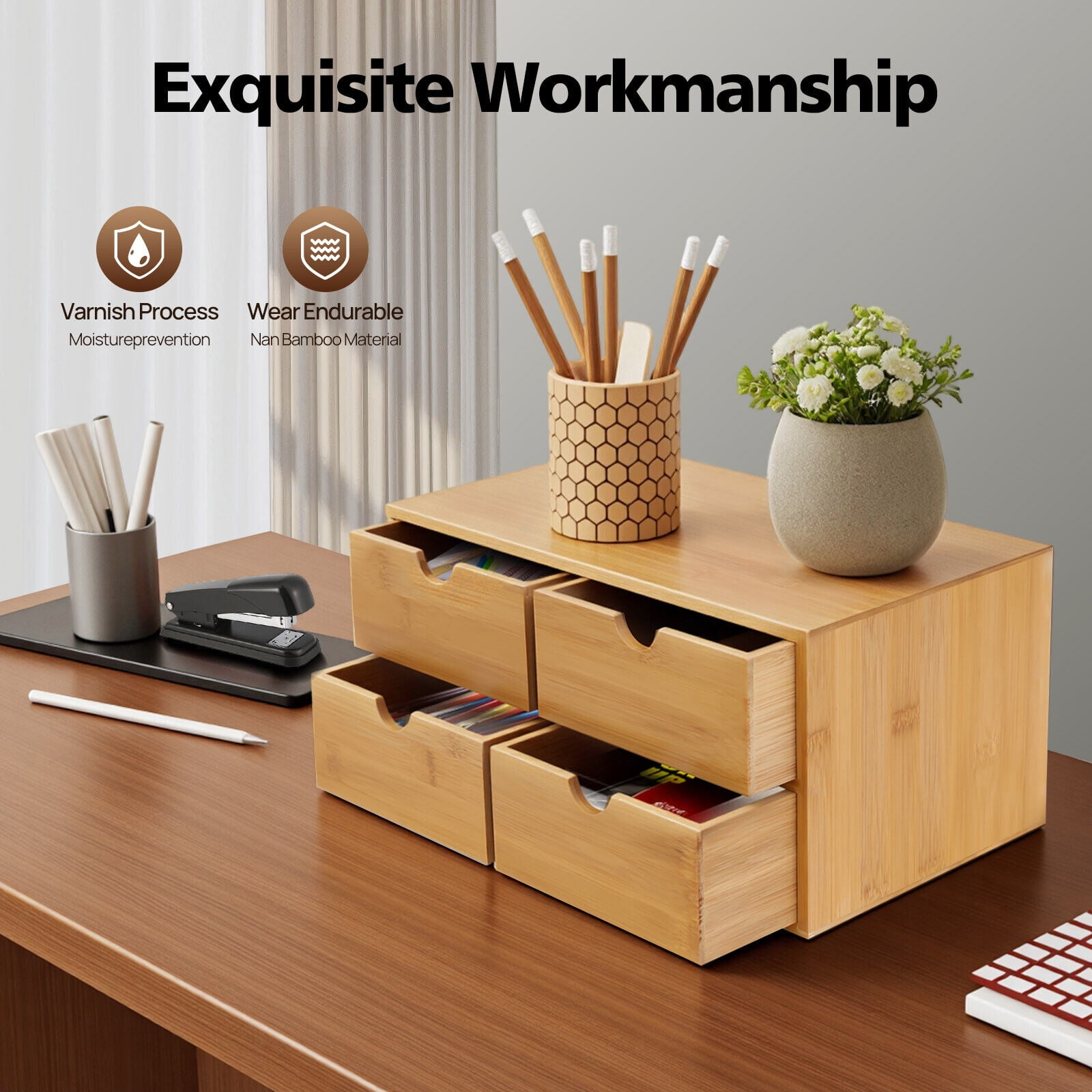 Bamboo Desk Organizer with 4 Drawers Tabletop Mini Small Drawer Storage ...
