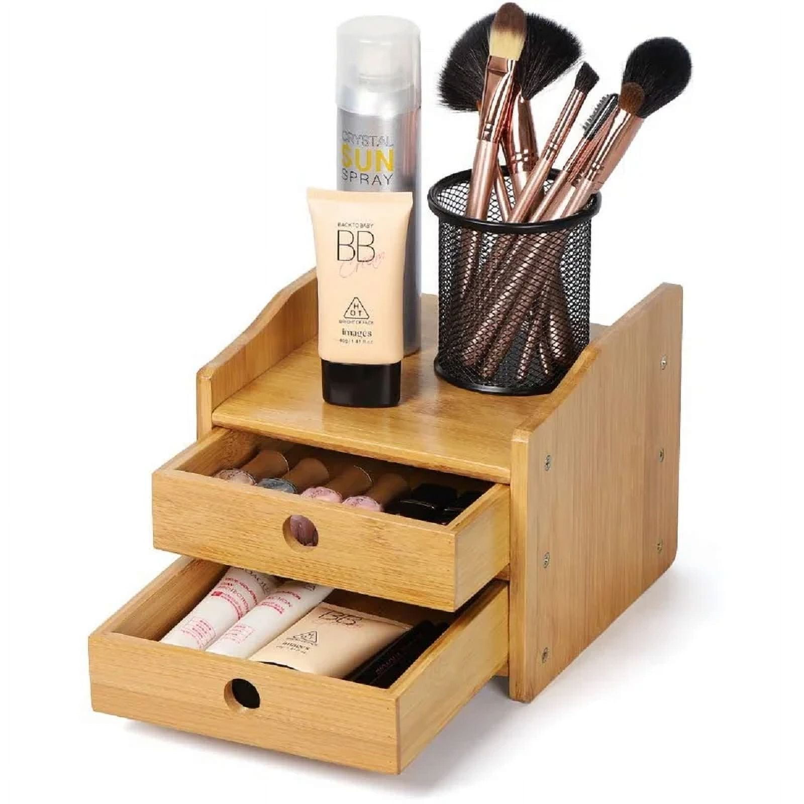 Bamboo Desk Storage Box with Drawers, Bamboo Desktop Two-Layer Storage ...