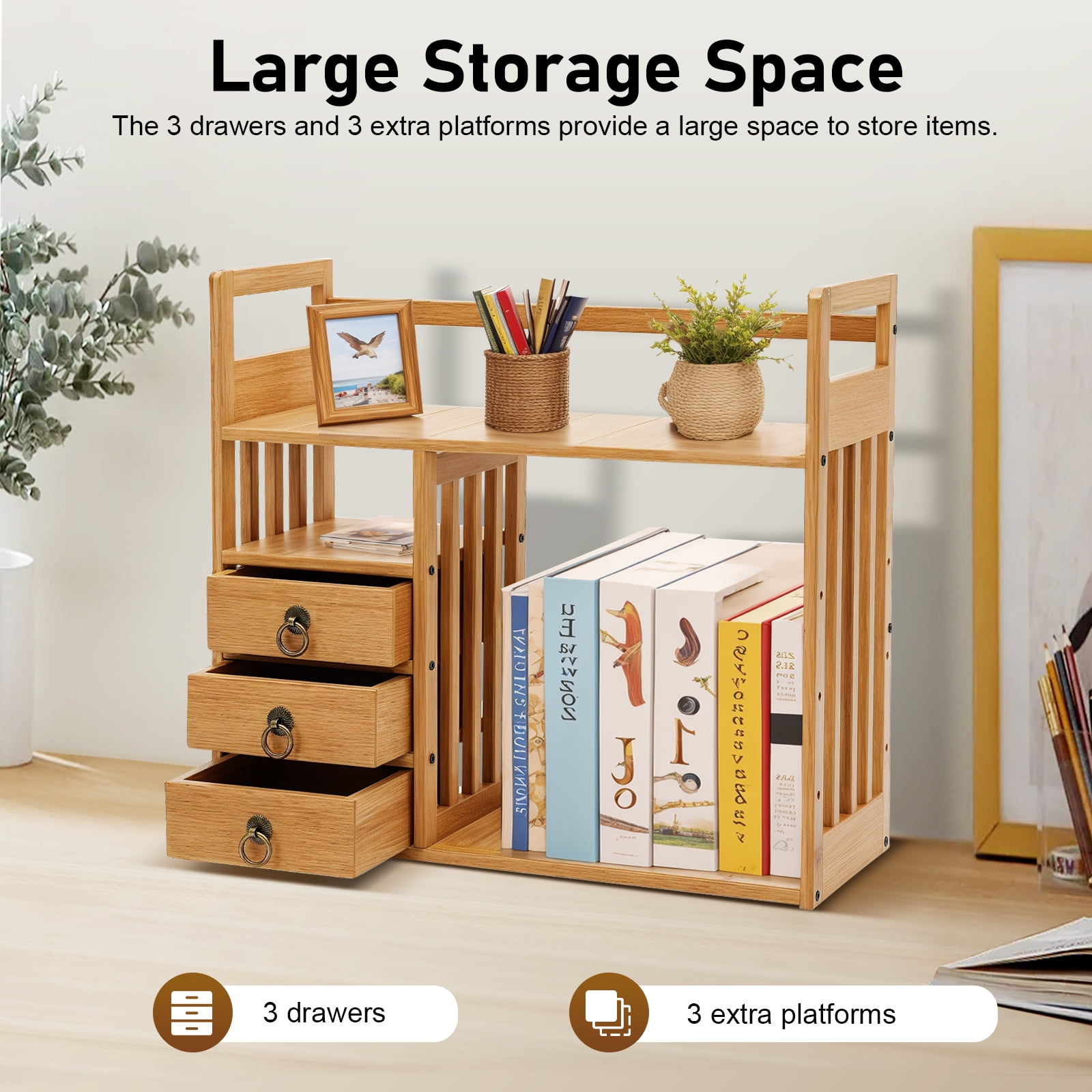 Bamboo Desktop Bookshelf Counter Top Bookcase 3-Drawer Desk Organizer ...