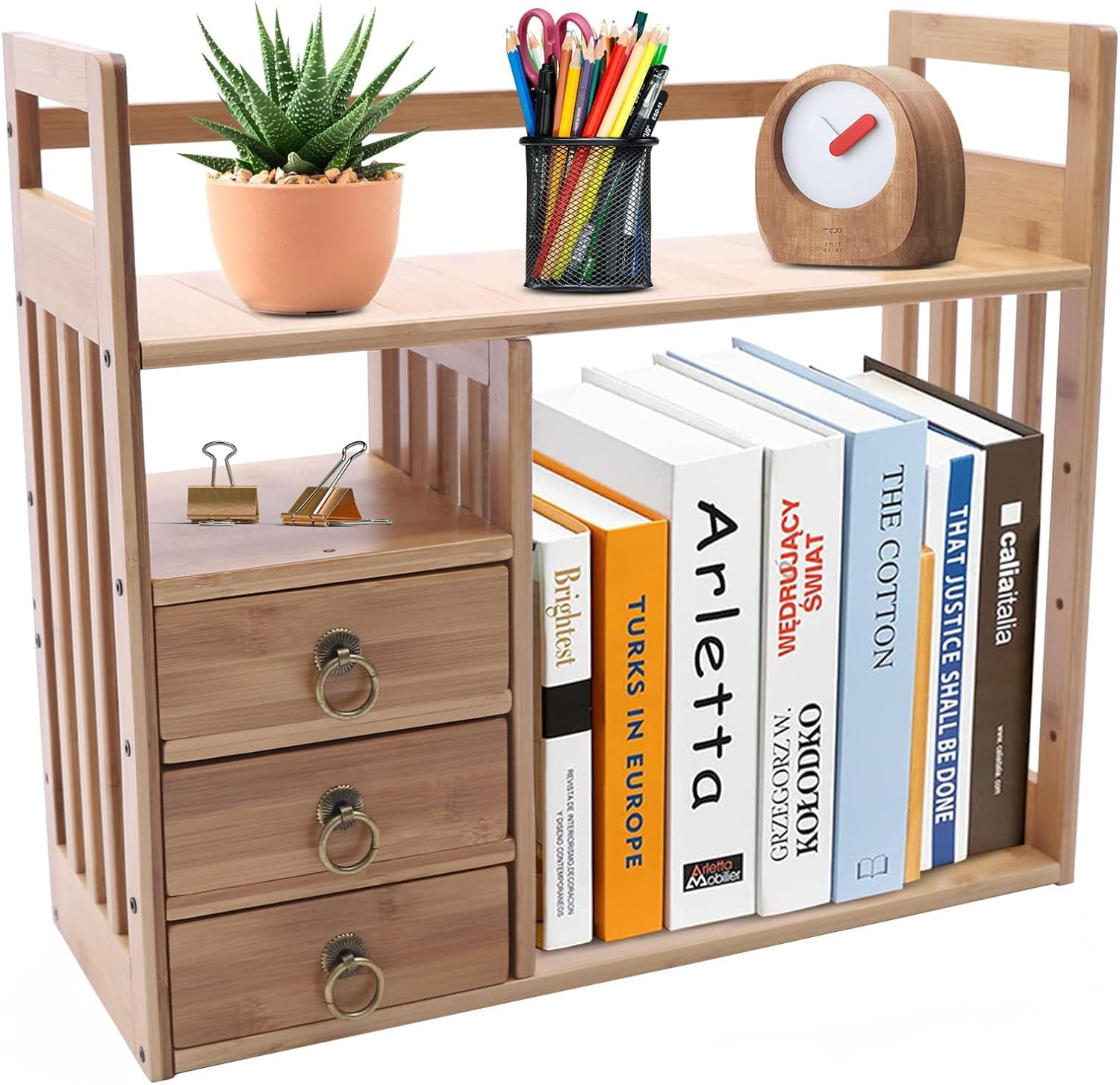 Bamboo Desktop Bookshelf with Drawers, Tabletop Bookshelf with 3 ...