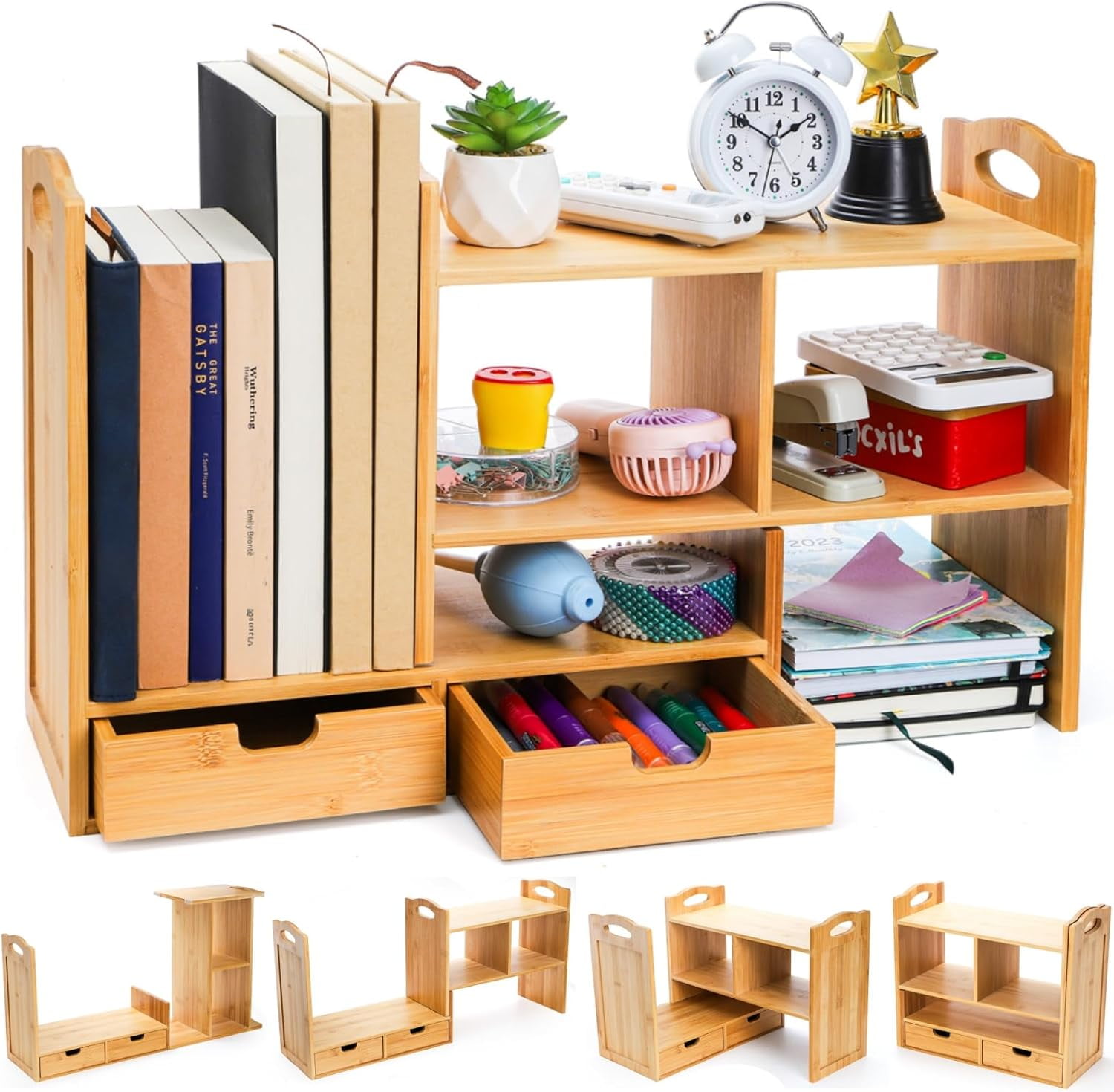 Bamboo Desktop Bookshelf, Expandable Counter Bookcase, Storage Shelves ...