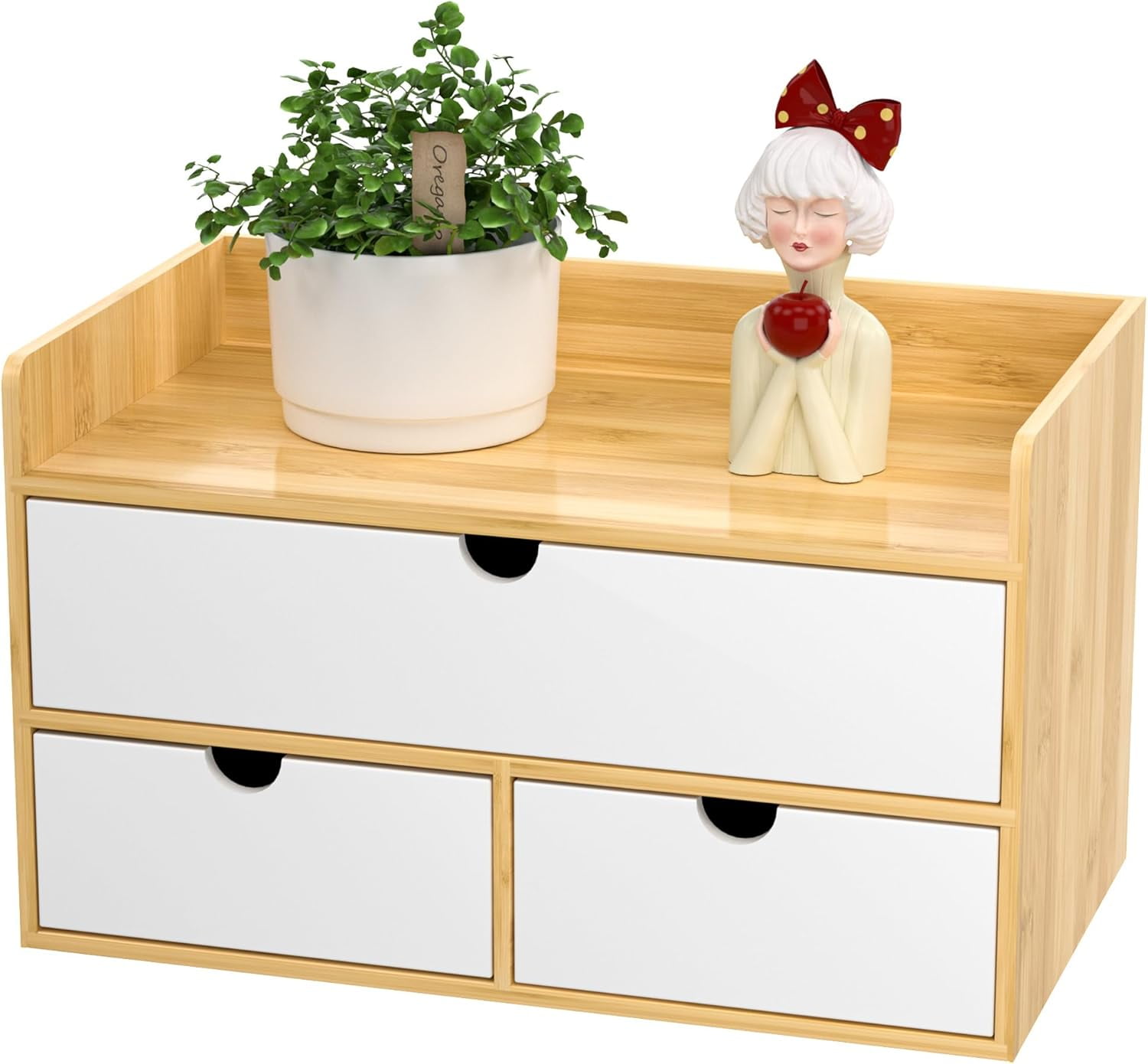 Bamboo Desktop Organizer with Drawers | Natural-White Wood Desk Storage ...