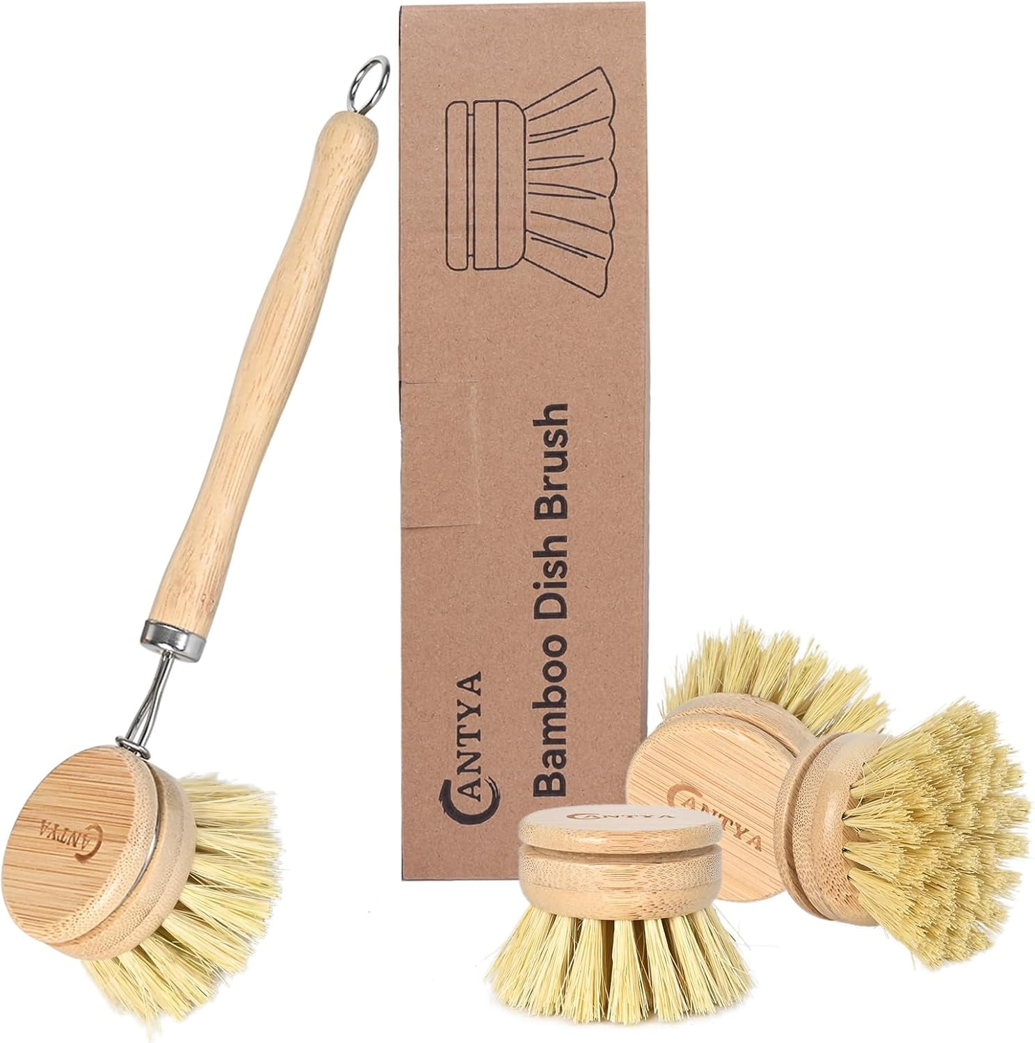 Bamboo Dish Brush with Handle 4 Replacement Heads, Eco-Friendly Potato ...