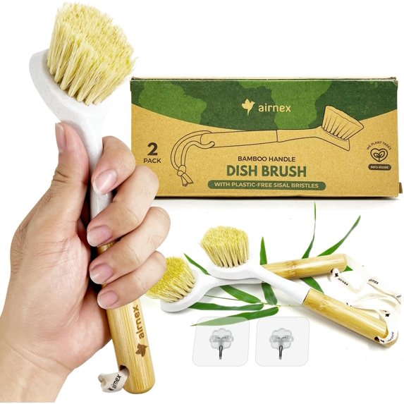 Bamboo Dish Brush Set of 2 - Dishwasher w/Handle Made Wheat Straw ...