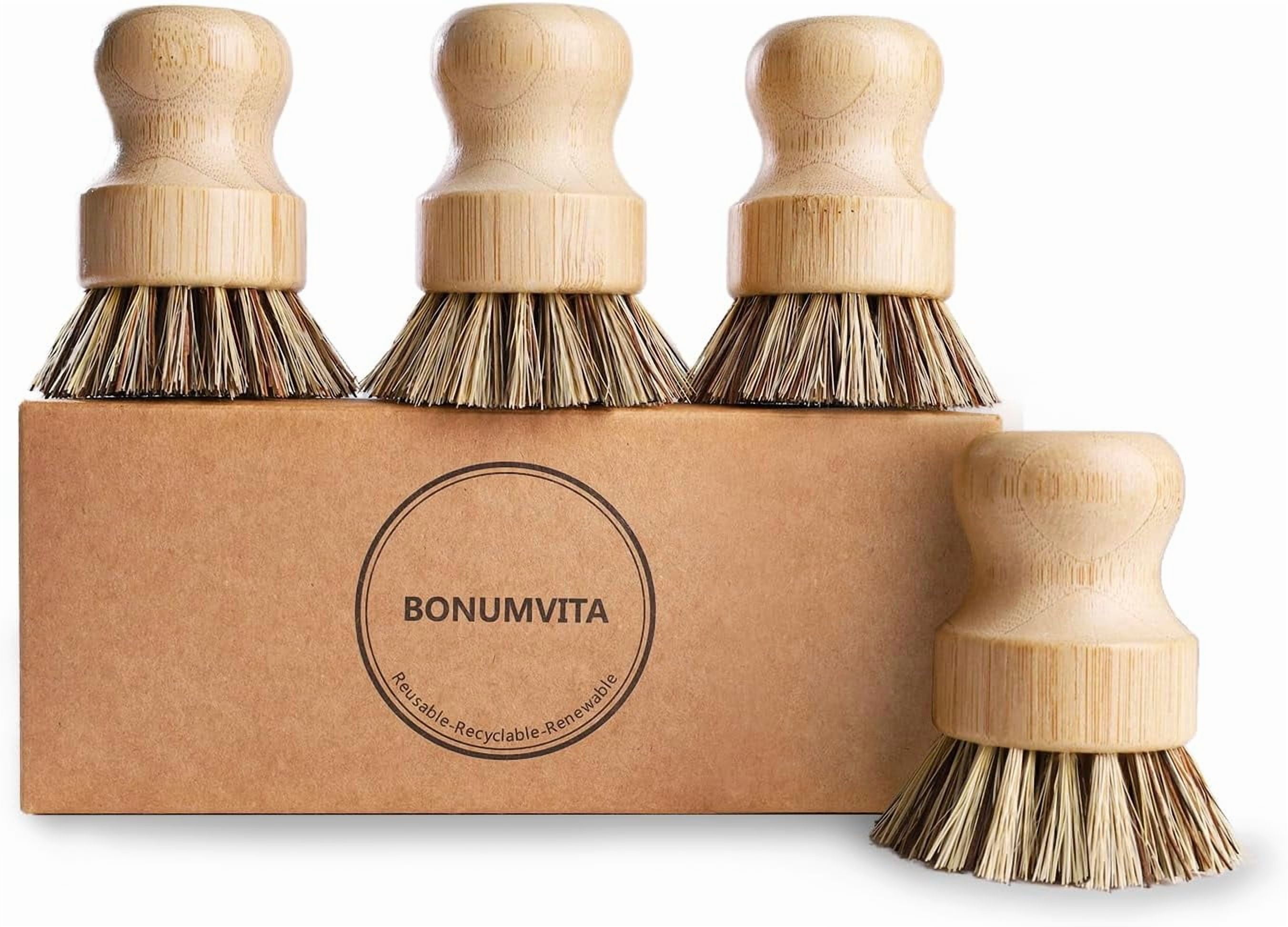 Bamboo Dish Brush Set,4 Pack Kitchen Palm Pot Brush with Union Fiber ...