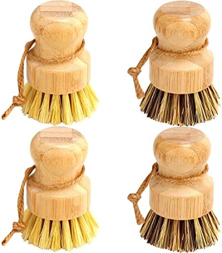 Bamboo Dish Brush Set, 4 Pcs Palm Wooden Dish Scrubber Brush, Dish ...