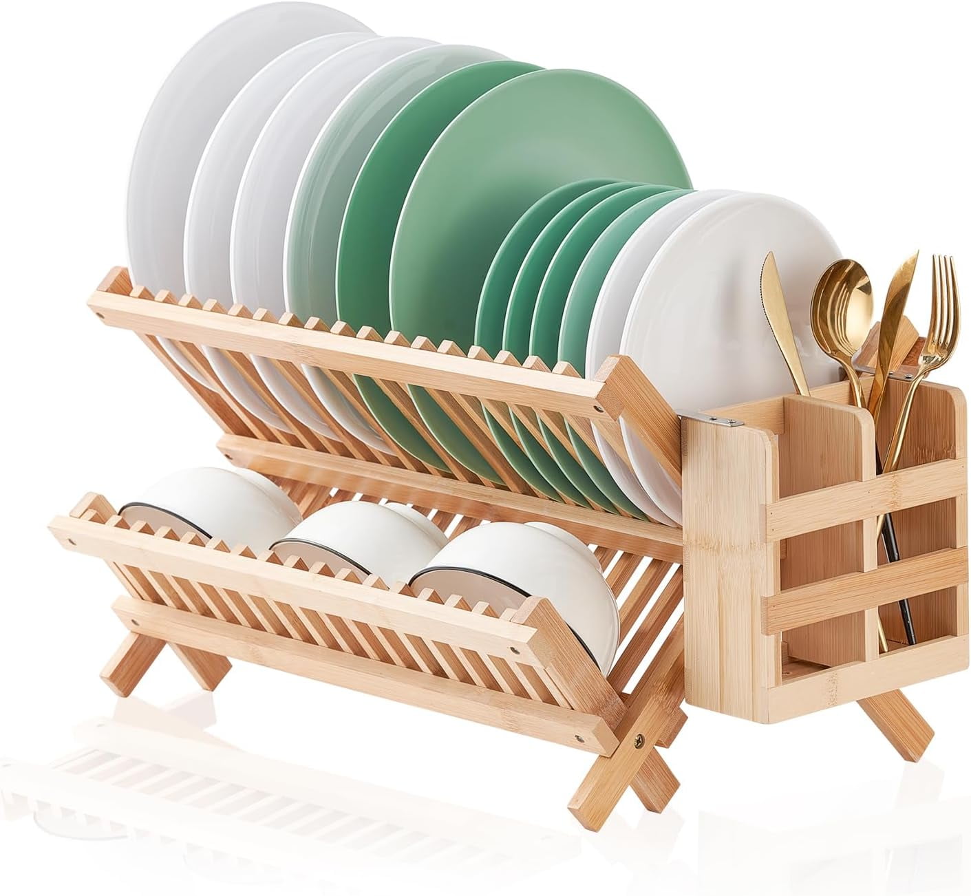 Bamboo Dish Drying Rack, 2 Tier Collapsible Dish Rack with Utensil ...