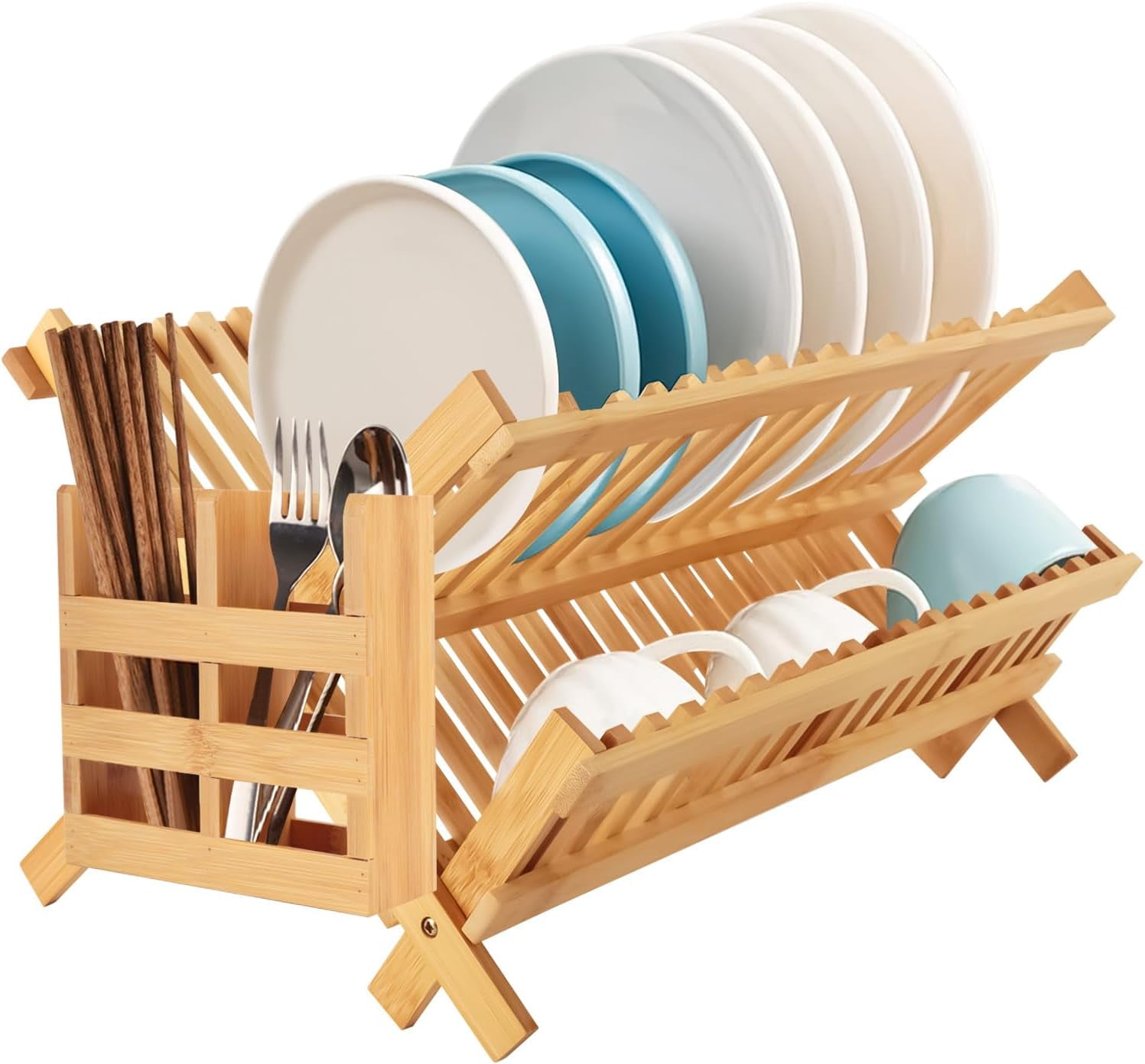 Bamboo Dish Drying Rack, 2-Tier Foldable Design with Utensil Holder ...