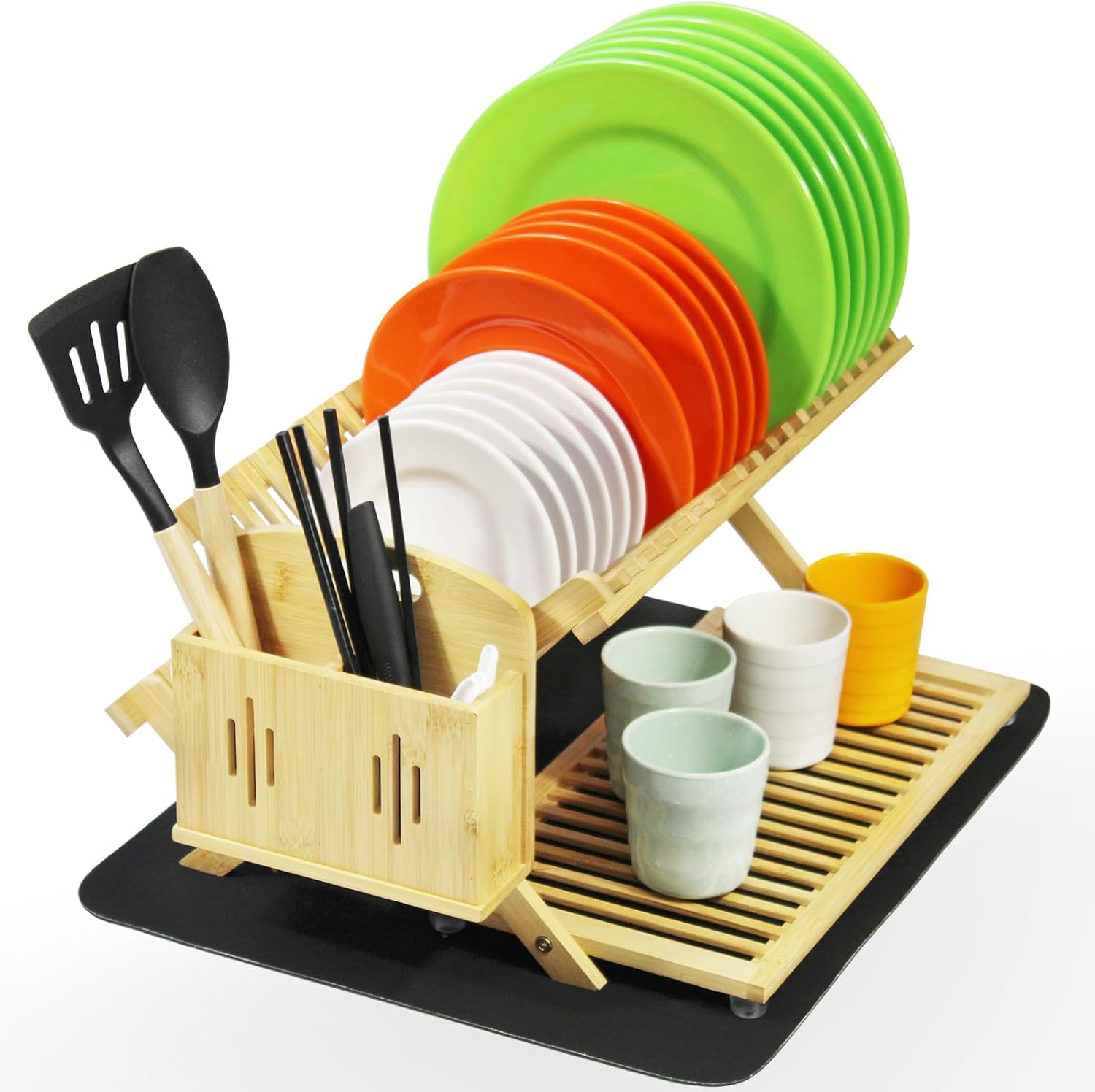 Bamboo Dish Drying Rack with Dish Drying Mat, 3 Tier Collapsible Dish ...