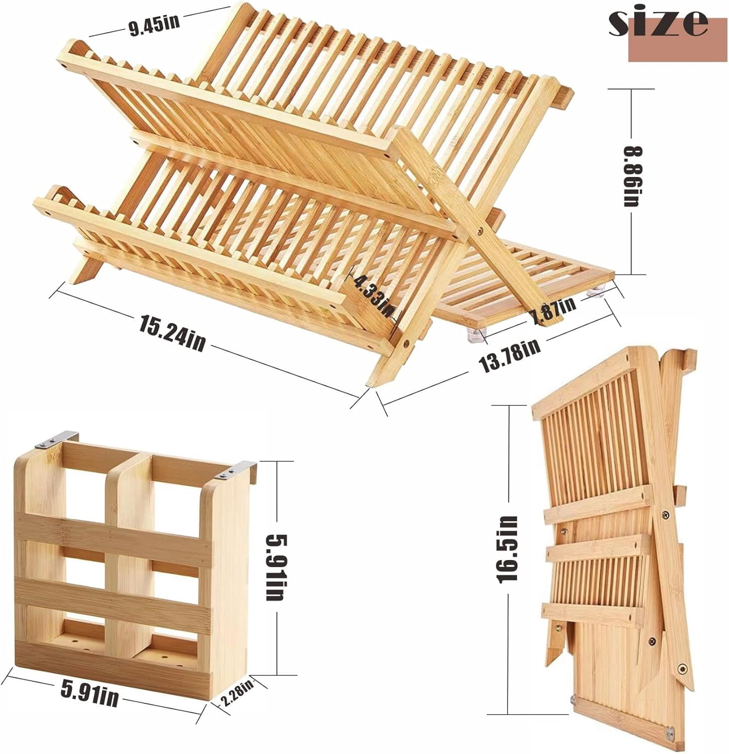 Bamboo Dish Drying Rack with Utensil Holder Set,3-Tier Collapsible Wood ...