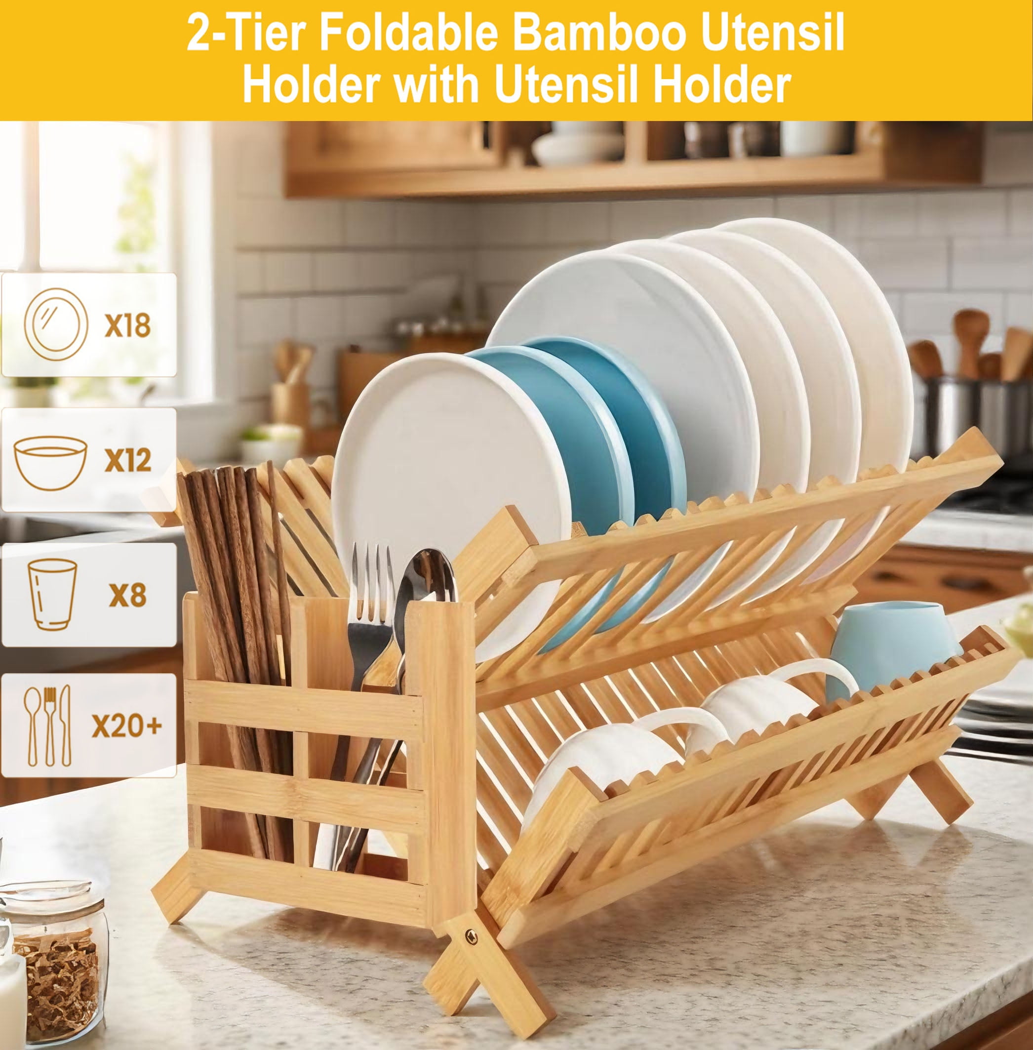 Bamboo Drying Rack for Dishes, 2 Tier Wooden Collapsible Dish Rack ...