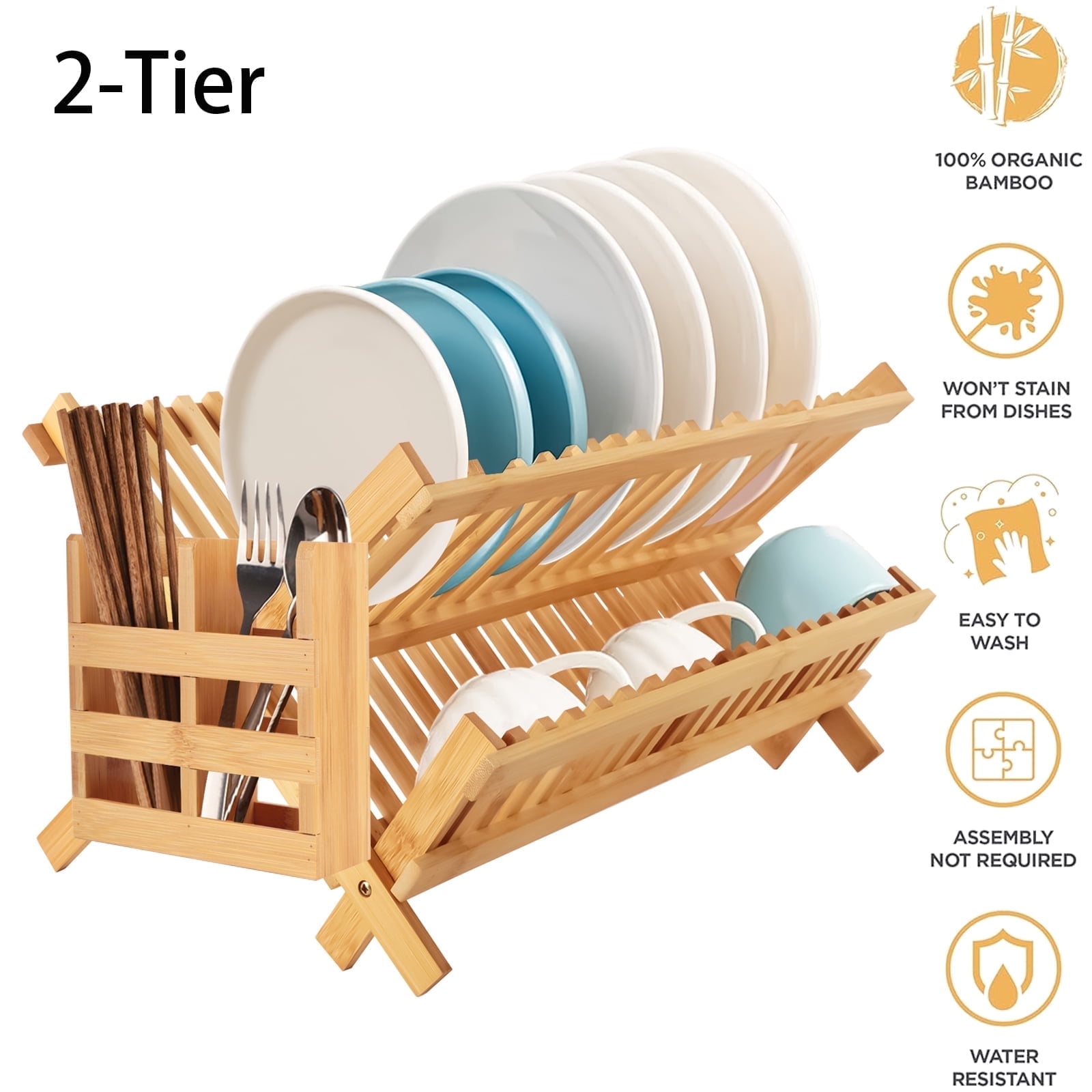 Bamboo Dish Drying Rack with Utensil Holder, 2 Tier Wooden Collapsible ...