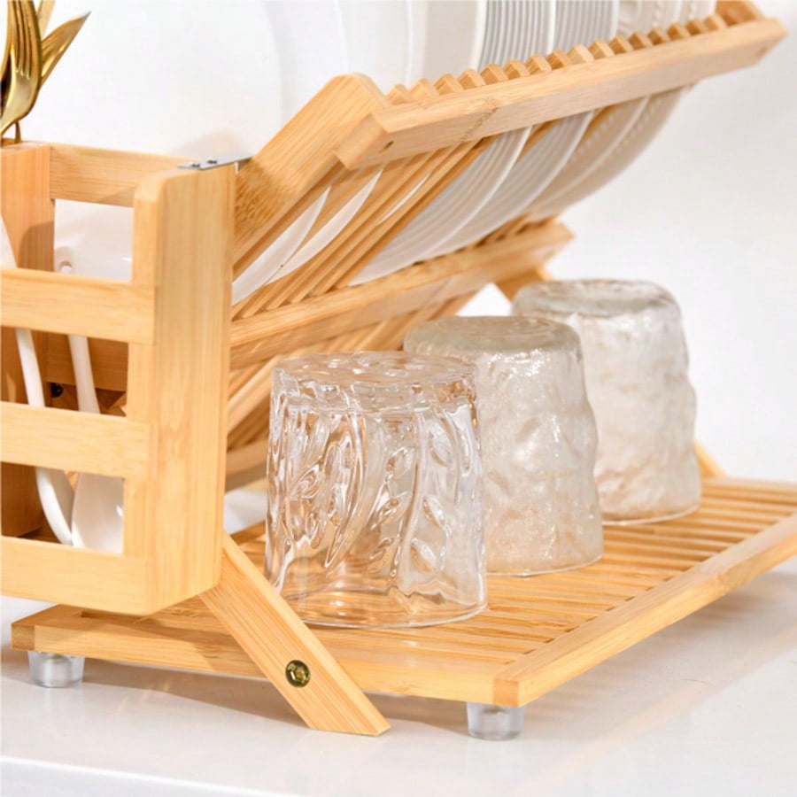 Bamboo Dish Rack, 3-Tier Foldable Wood Dish Drying Rack For Kitchen ...