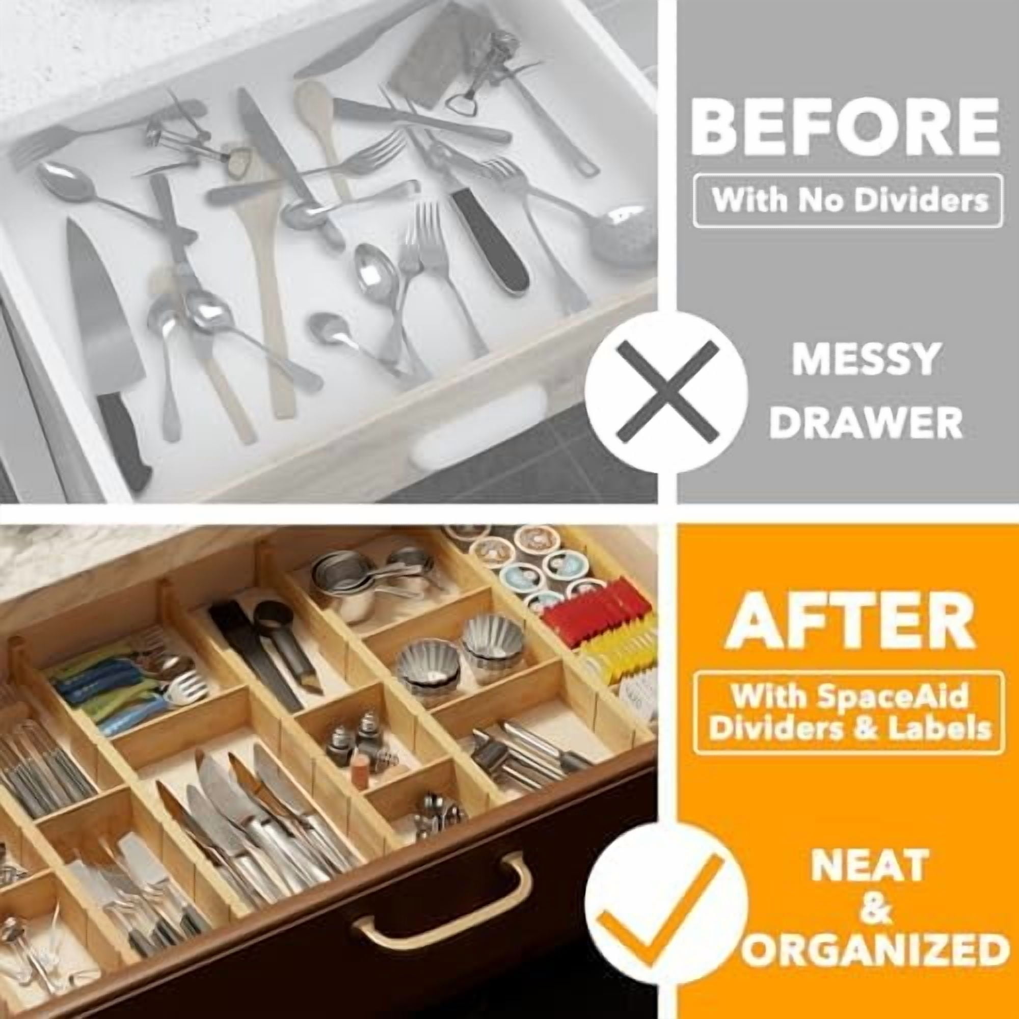 Bamboo Drawer Dividers with Inserts and Labels, Kitchen Adjustable ...