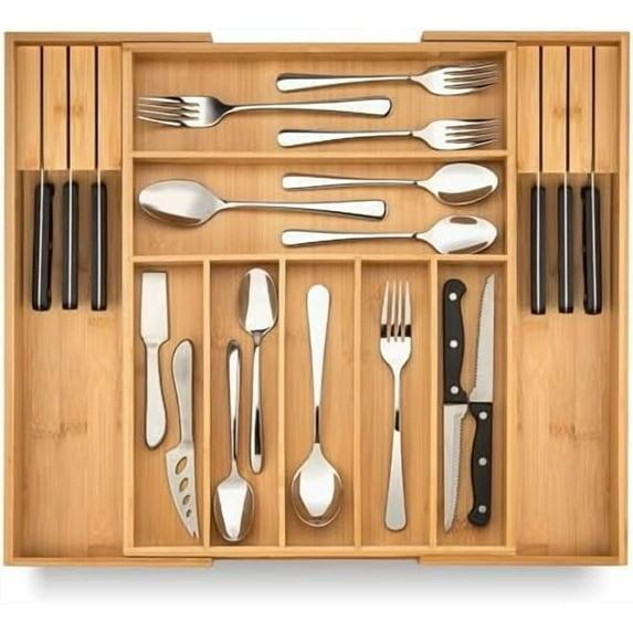 Bamboo Drawer Organizer with Knife Blocks - Silverware Organizer ...