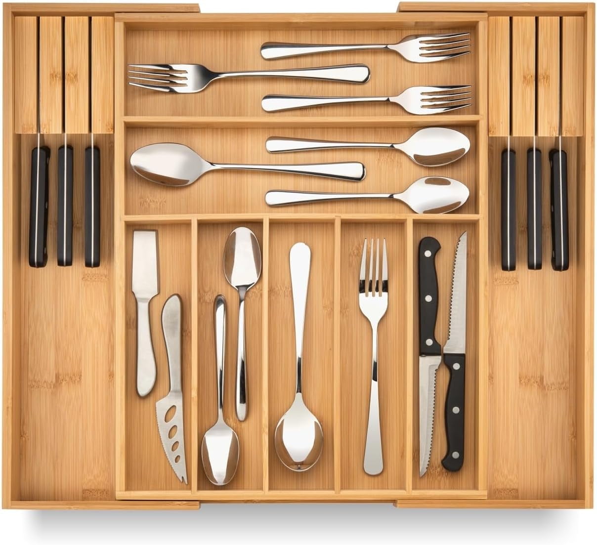 Bamboo Drawer Organizer with Knife Blocks - Silverware Organizer ...