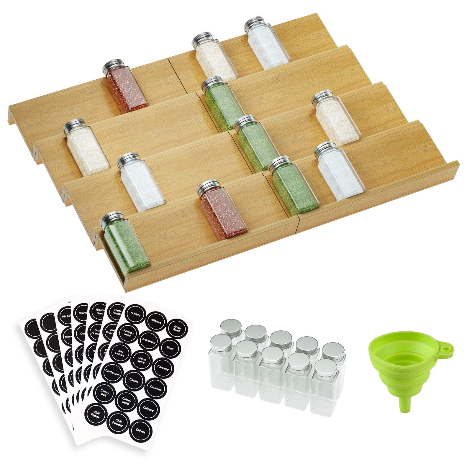 Bamboo Drawer Spice Rack Organizer - 8-Piece Set with 10 Storage Cans ...