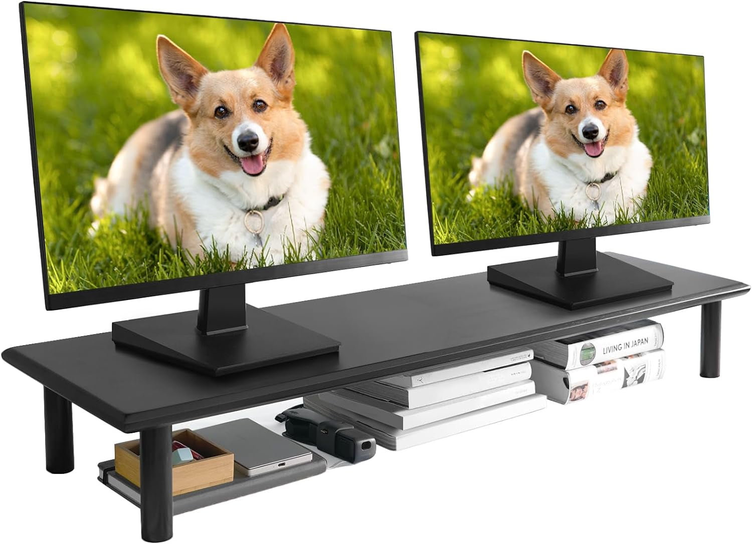 Bamboo Dual Monitor Stand Riser, Supports 2 Monitors, Printer, Heavy TV ...