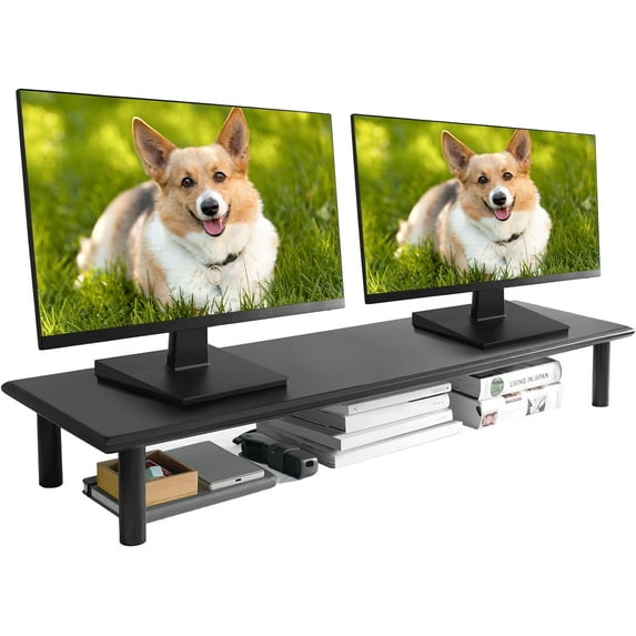 Bamboo Dual Monitor Stand Riser, Supports 2 Monitors, Printer, Heavy TV ...