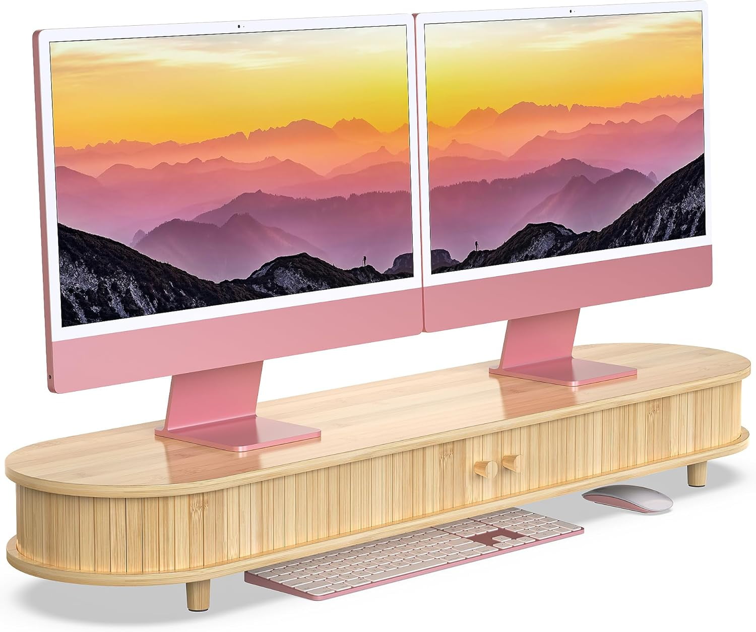 Bamboo Dual Monitor Stand with Storage, Curved Double Computer Laptop ...