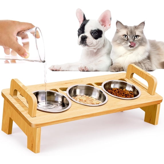 Bamboo Elevated Cat Food Bowl, 3 Stainless Steel Raised Cat Bowls with ...