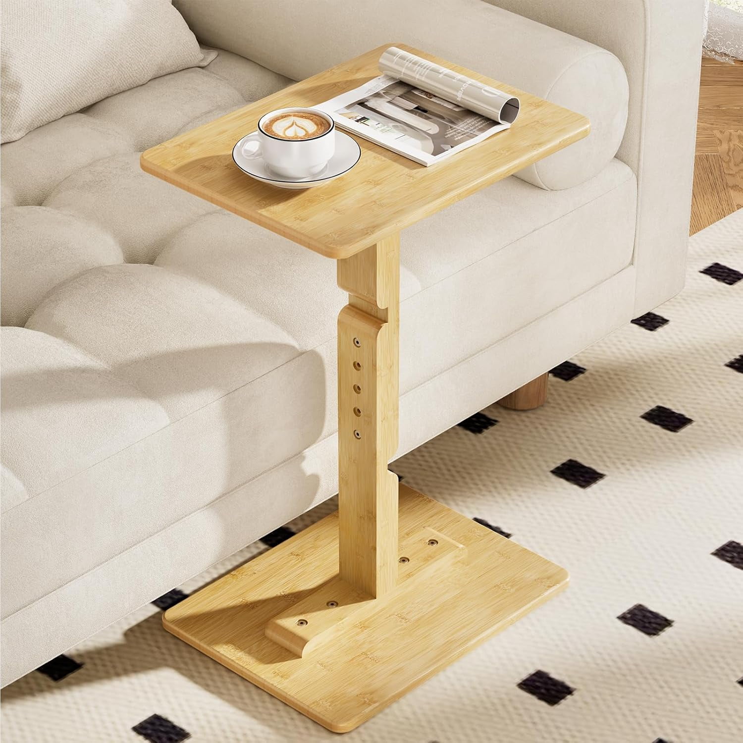 Bamboo End Table, Height Adjustable Side Table for Couch, Small Drink ...