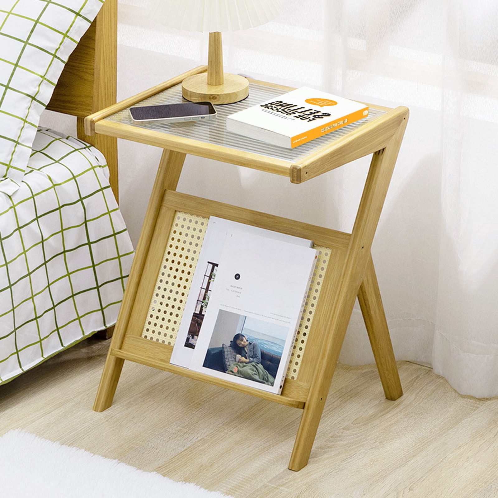 Bamboo End Table with Magazine Rack Glass-top Sofa Side Table Boho Z ...