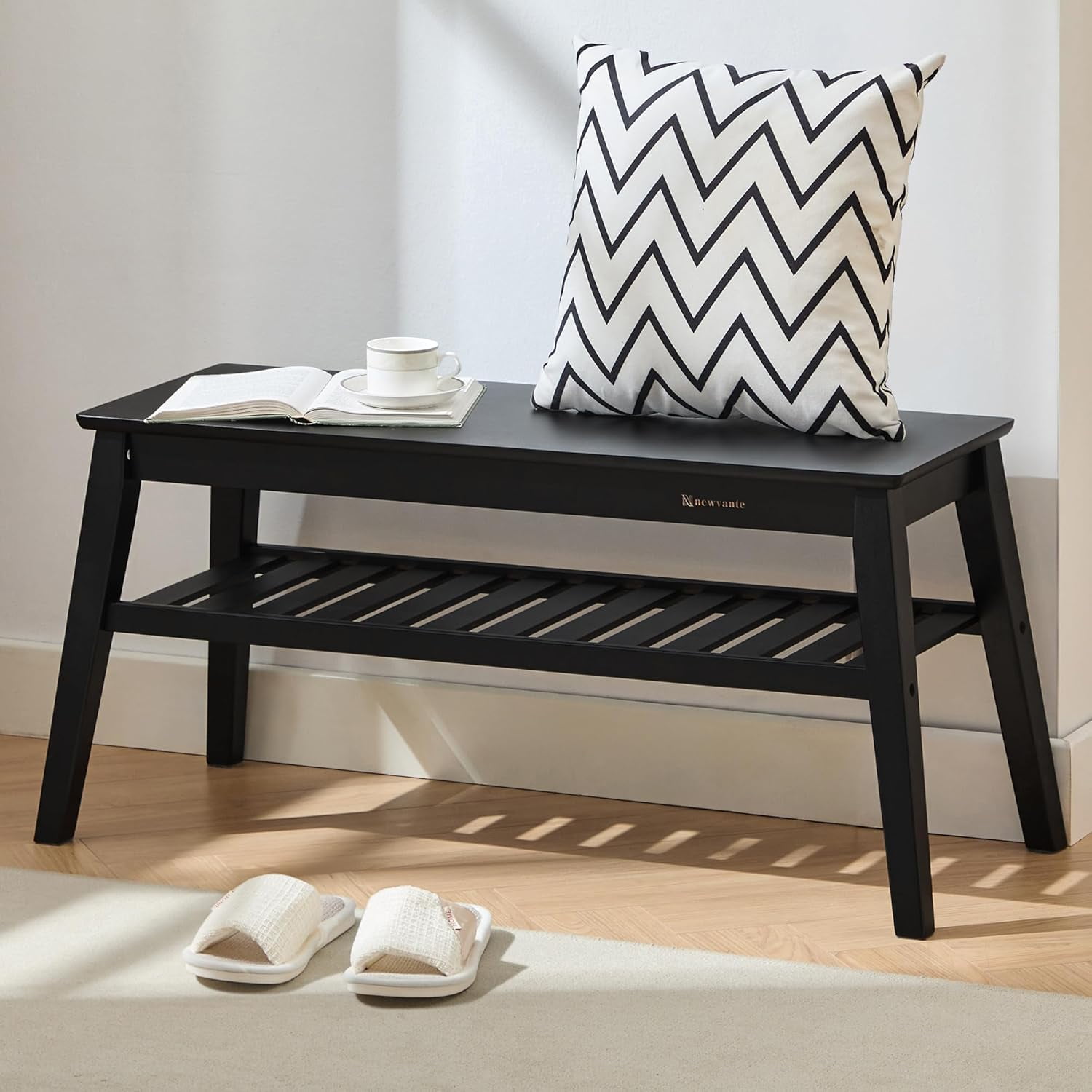 Bamboo Entryway Bench, 33.46" End of Bed Bench, 2 Tier Black Bench for ...