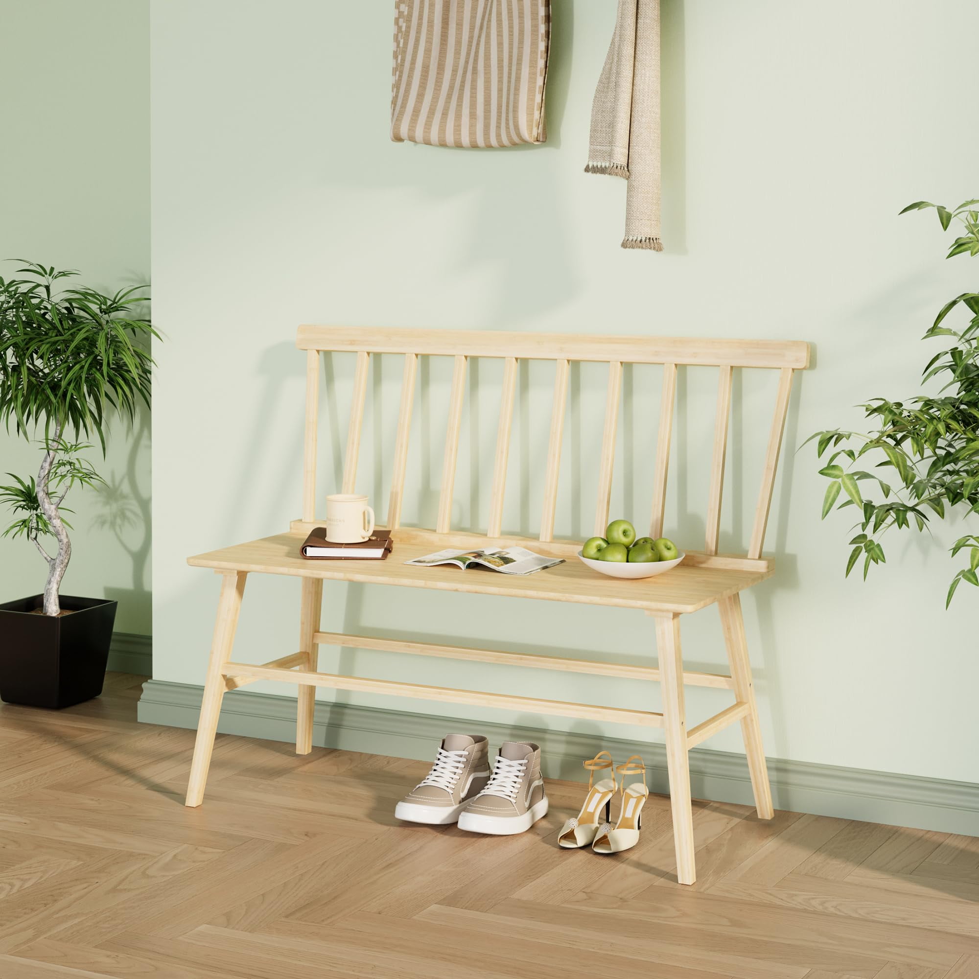 Bamboo Entryway Bench, Farmhouse Dining Bench with Spindle Back 3 ...