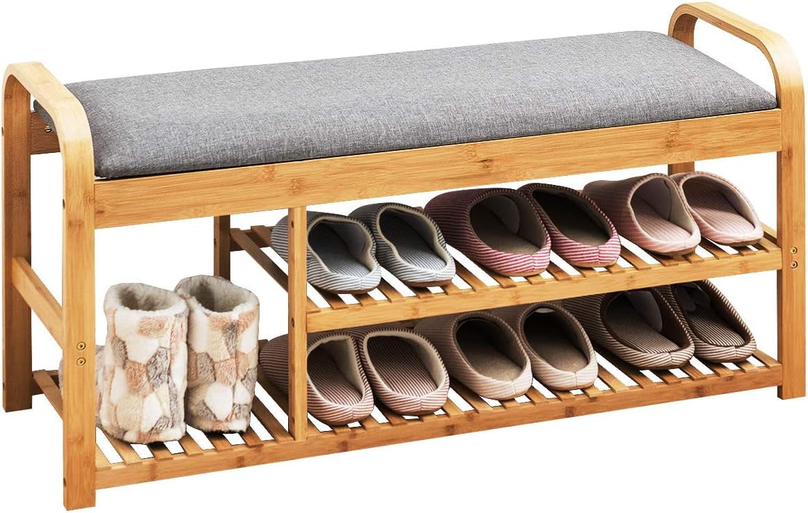 Bamboo Entryway Shoe Bench, 3 Tier Sturdy Shoe Rack with Flip Top ...
