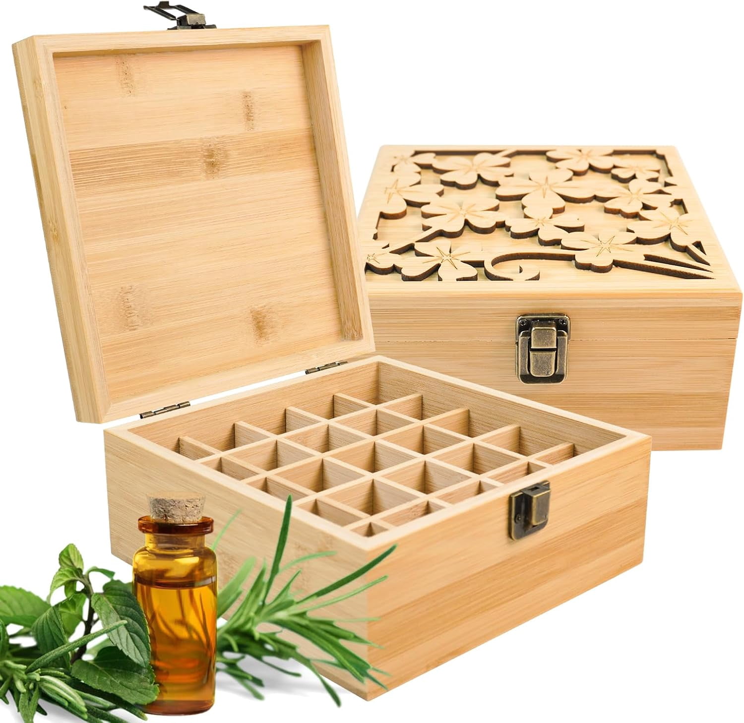 Bamboo Essential Oil Storage Box Travel Organizer Case with Bottle Cap ...