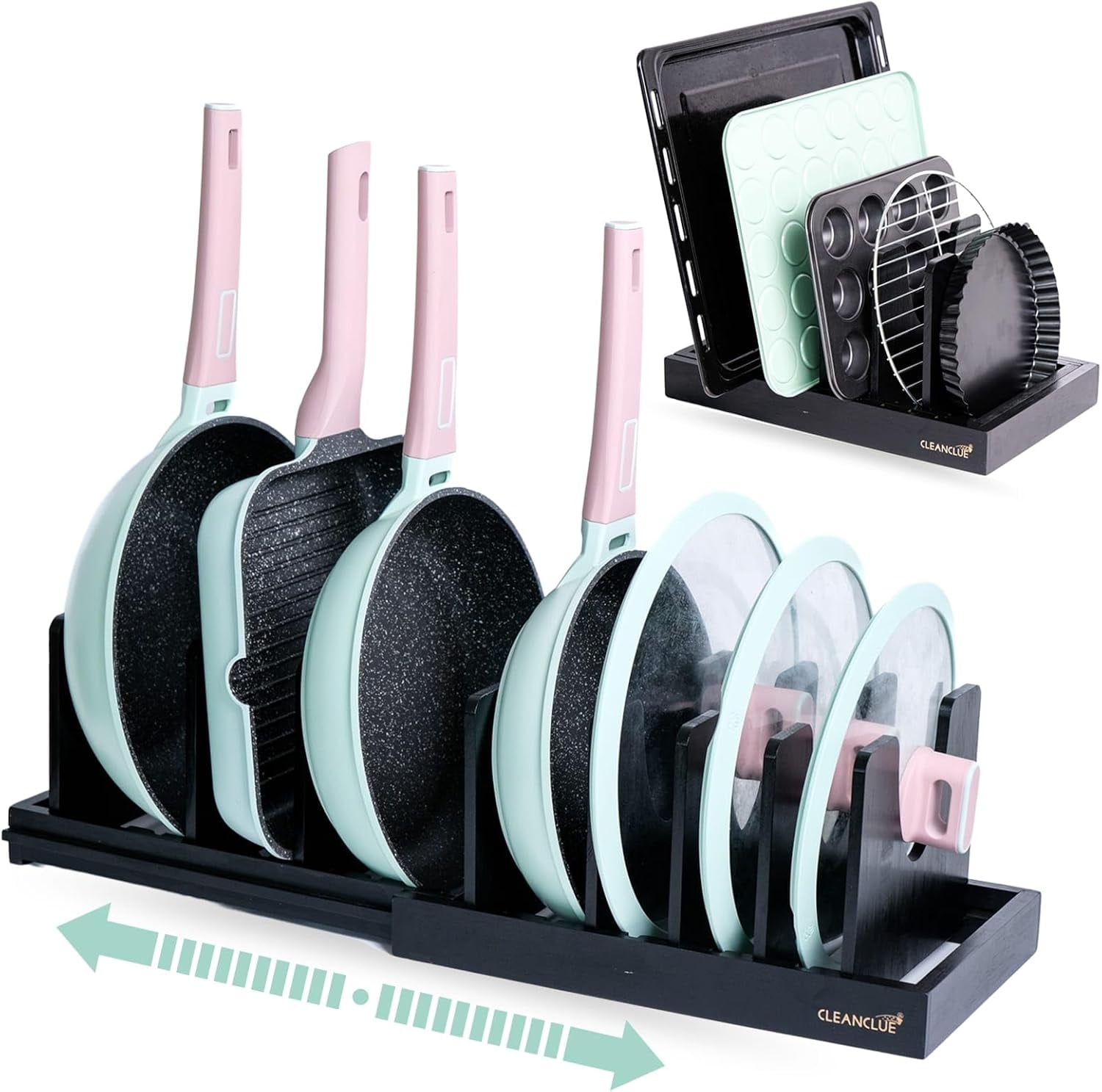 Bamboo Expandable Bakeware and Cutting Board Organizer, Adjustable Pot ...