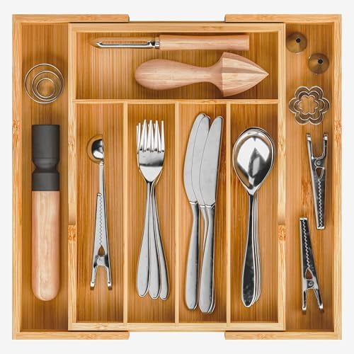 Bamboo Expandable Drawer Organizer, 5-7 Slots Kitchen Drawer Organizer ...