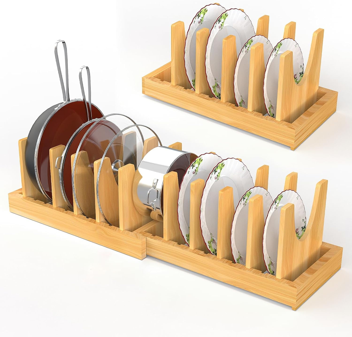 Bamboo Expandable Pot and Pan Organizer Under Cabinet,2-in-1 Kitchen ...