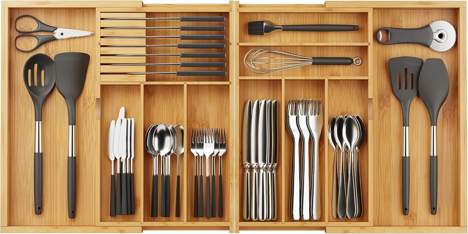 Bamboo Expandable Silverware Drawer Organizer from 21" to 36", Kitchen ...