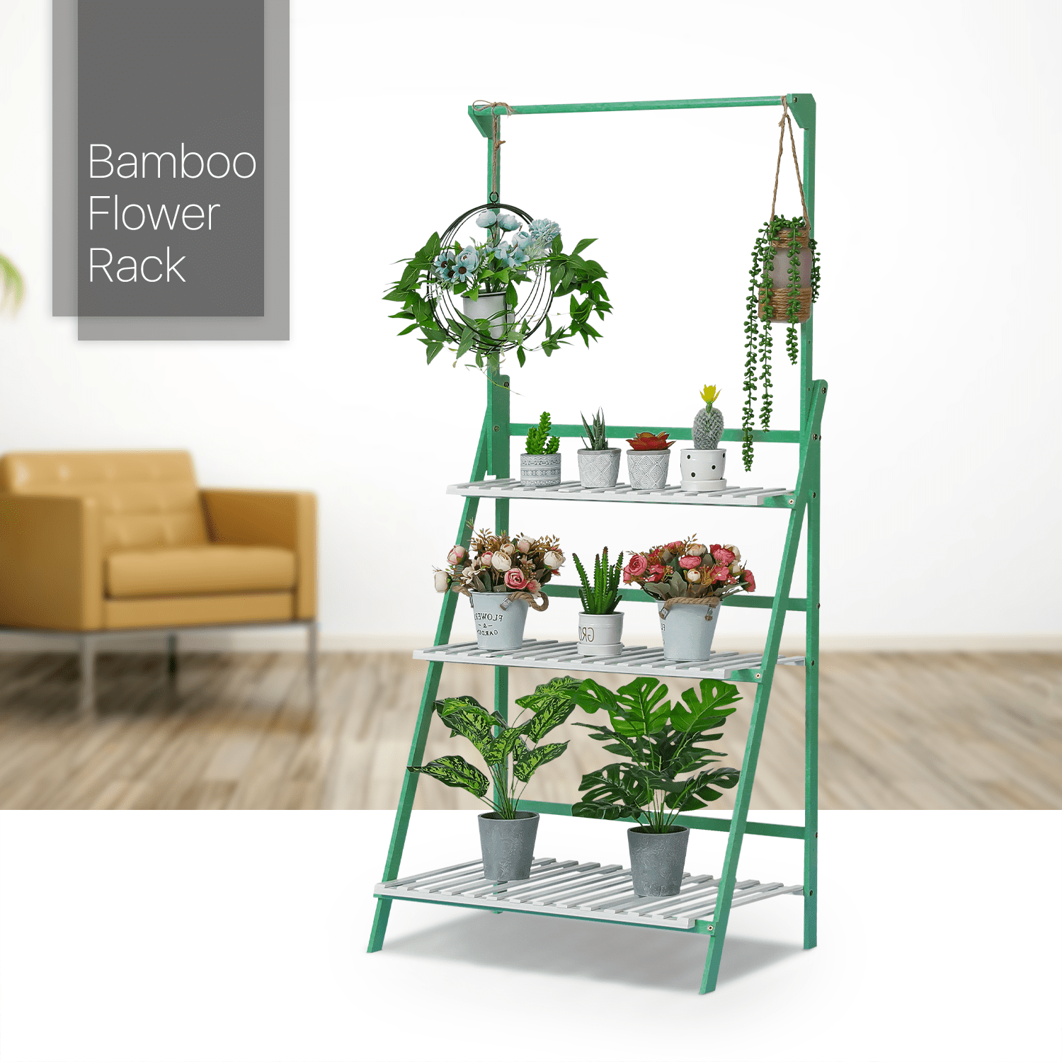 Bamboo[FLOWER POT HANGING ROD]3-Tier Foldable Outdoor Plant Rack Patio ...