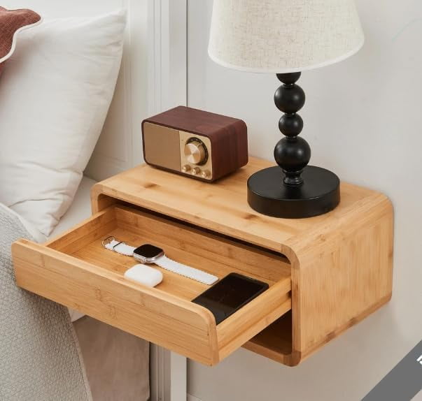 Bamboo Floating Nightstand with Storage Drawer, Wall Mounted Bedside ...