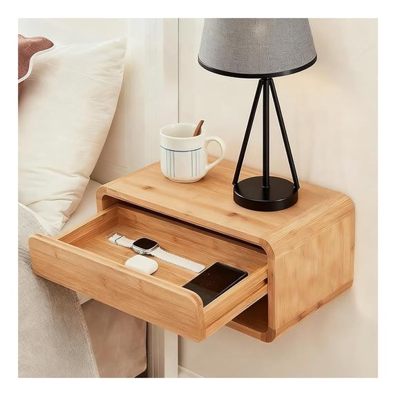 Bamboo Floating Nightstand with Storage Drawer Wall Mounted Bedside ...