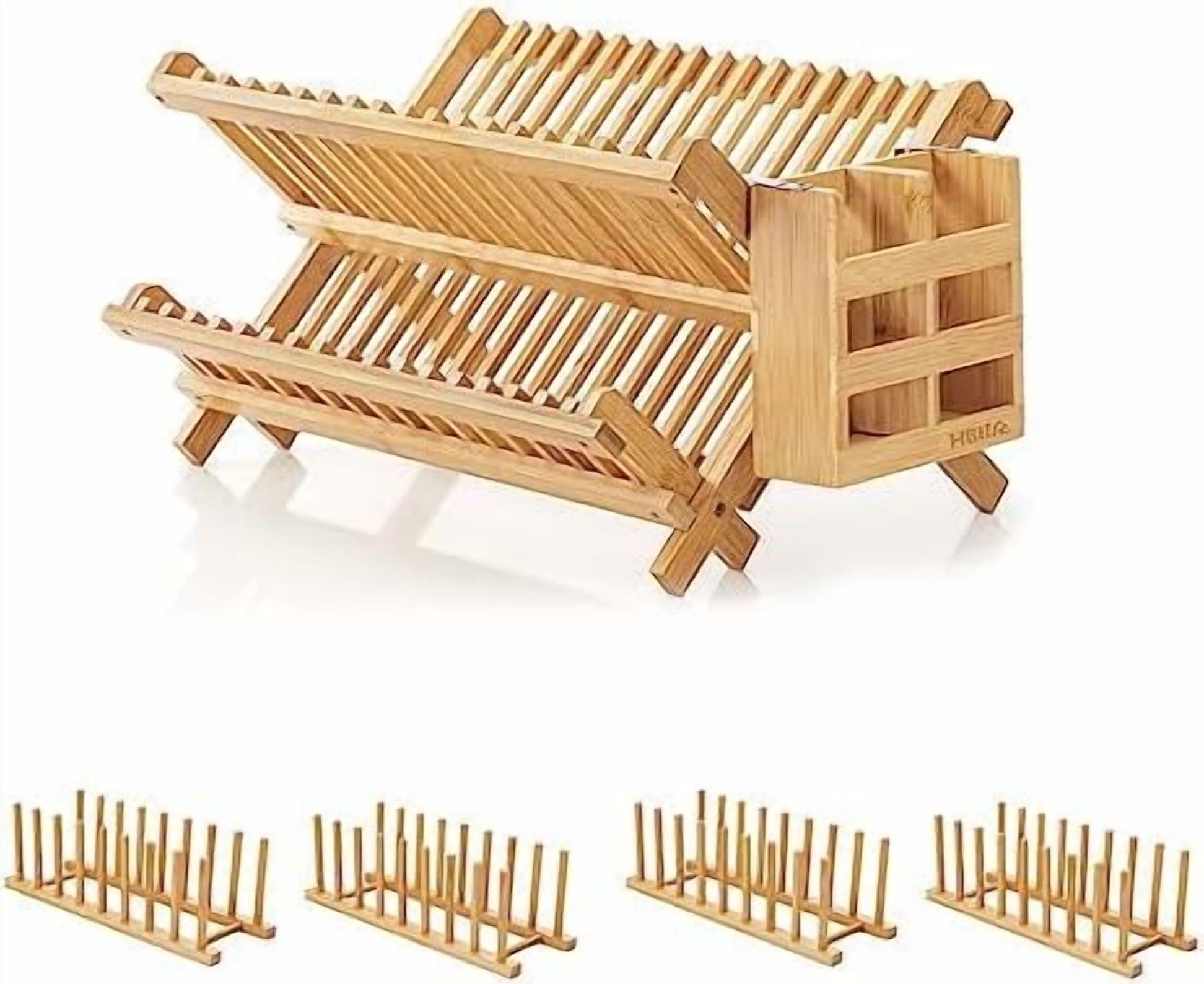 Bamboo Folding 2-Tier Collapsible Drainer Dish Drying Rack with ...