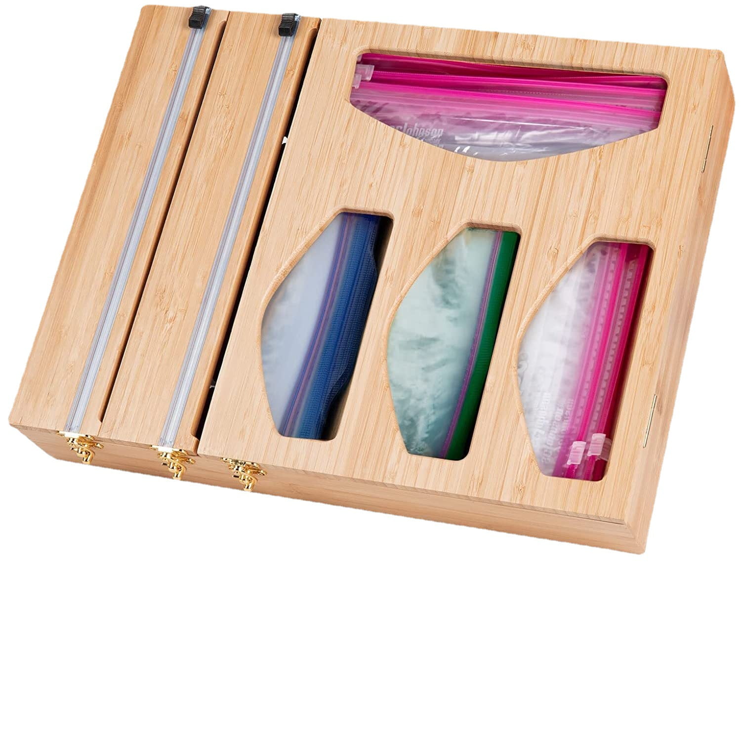 Bamboo Food Bag Organizer with Foil and Plastic Wrap Organizer, Kitchen ...