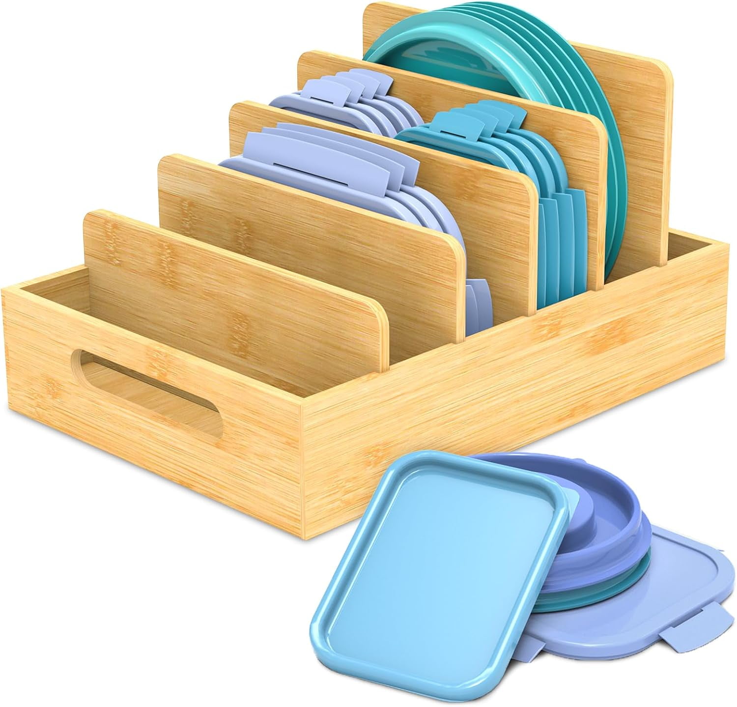 Bamboo Food Container Lid Organizer with Adjustable Dividers for ...