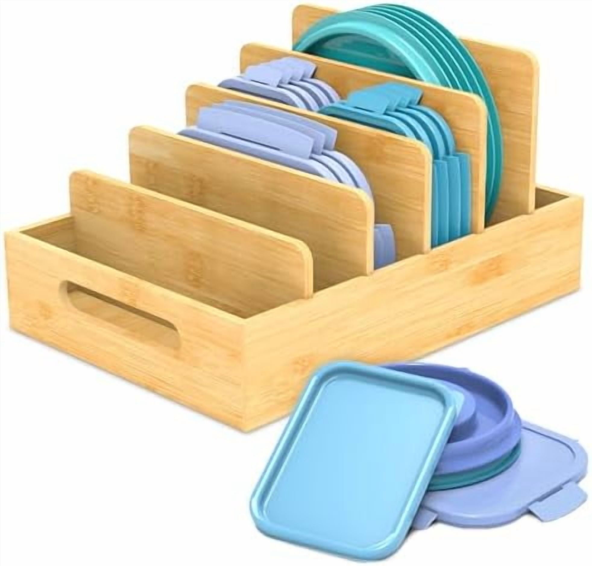 Bamboo Food Container Lid Organizer with Adjustable Dividers for ...