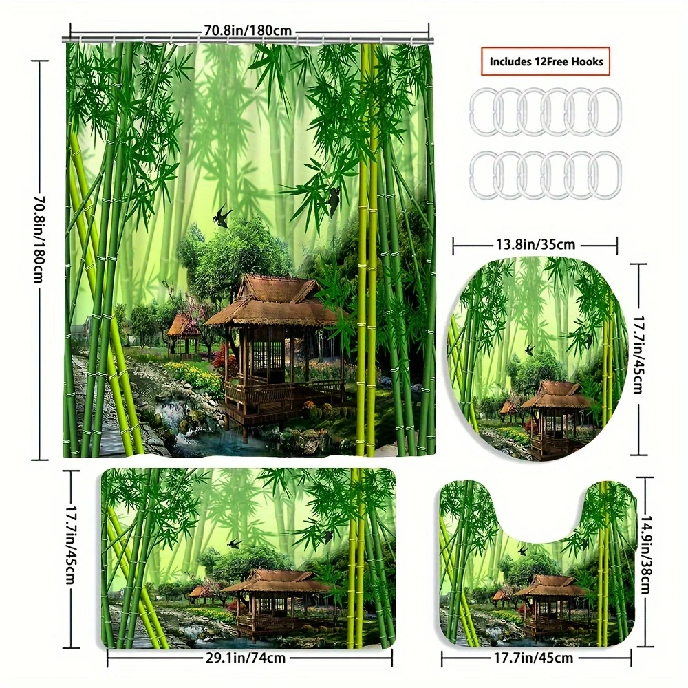 Bamboo Forest Hut Print Shower Curtain Set with Non-Slip Rugs Toilet ...
