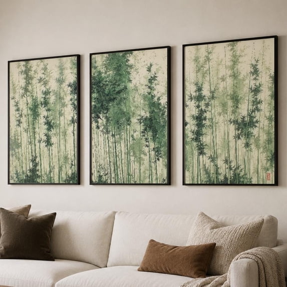 Bamboo Forest Triptych 3 Piece Wall Art Asian Zen Decor Botanical Set ...