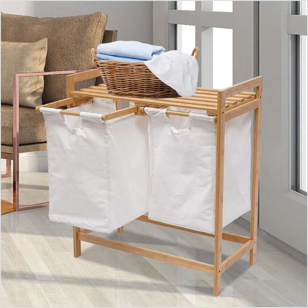 Bamboo Frame Laundry Hamper w/ Dual Basket & Two-Sections Removable ...