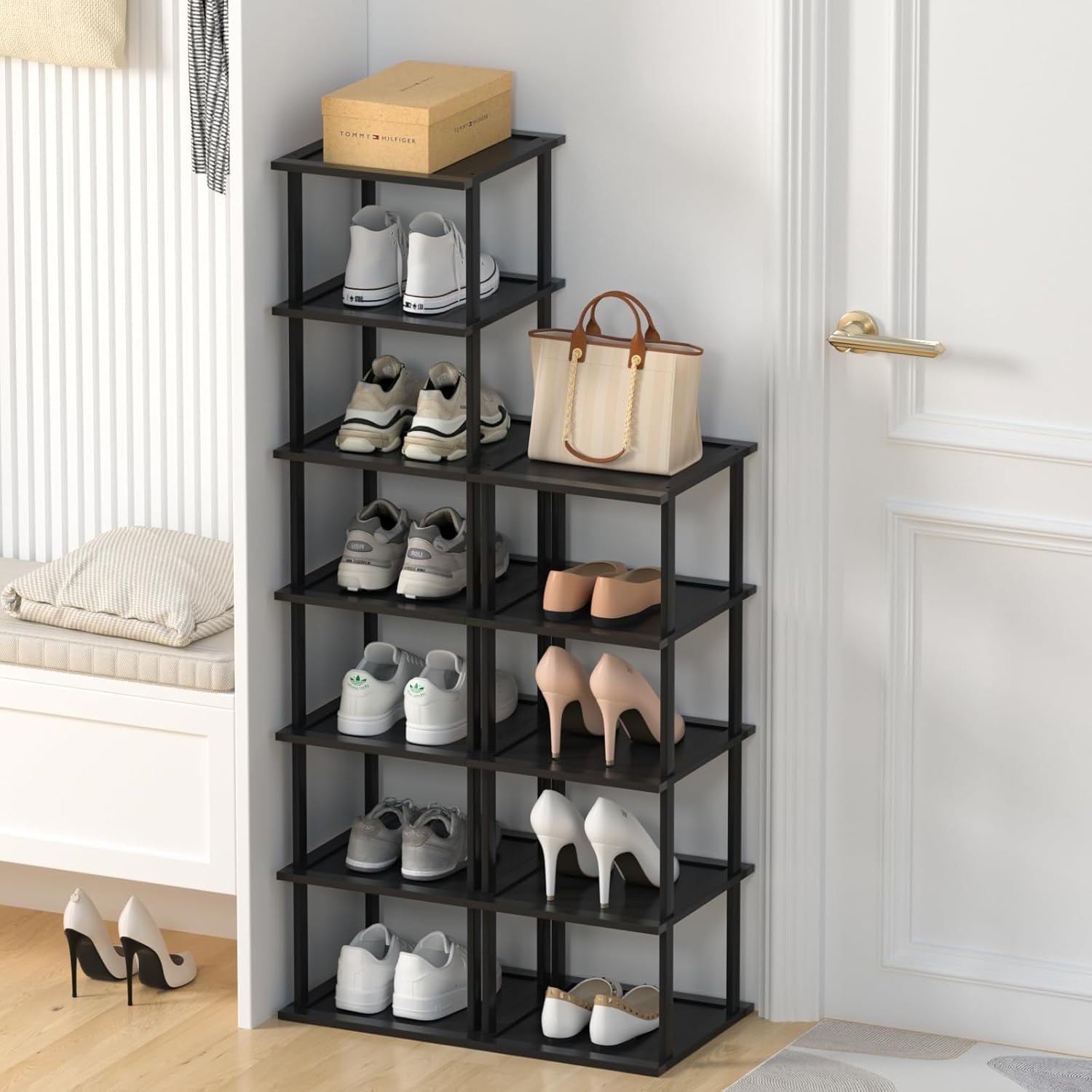 Bamboo Free Standing Shoe Rack Shelf, 12 Tier Tall Wooden Stackable ...