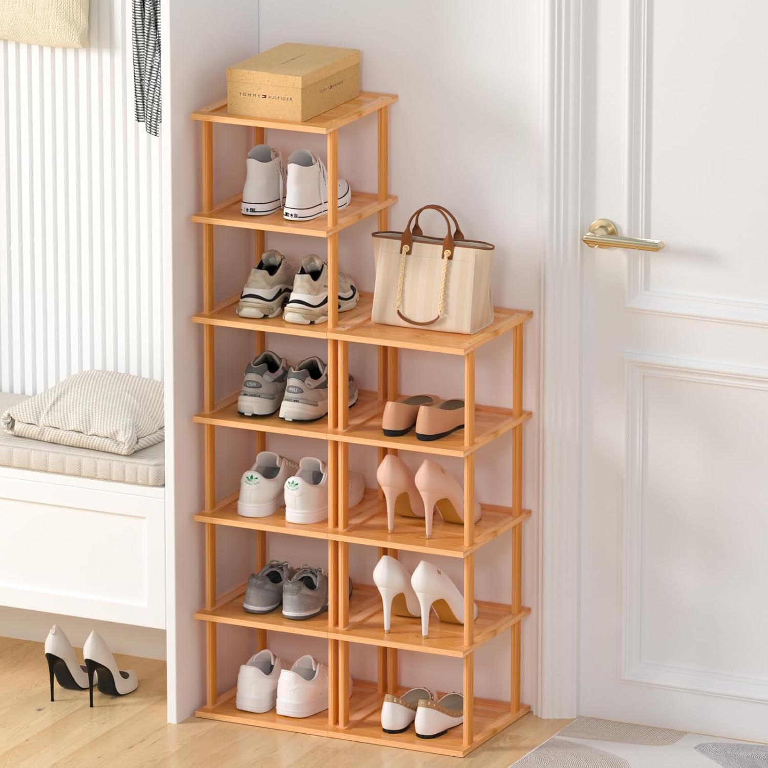 Bamboo Free Standing Shoe Rack Shelf Multi Tiers Tall Wooden Stackable ...
