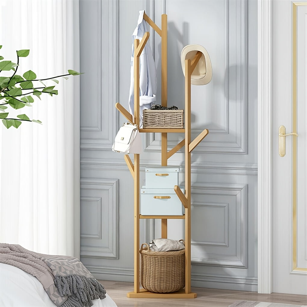 Bamboo Freestanding Coat Rack with 9 Hooks and 3 Storage Shelves, Easy ...